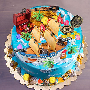 32 Pcs Pirate Ship Cake Topper Nautical Sailboat Model Decoration Set Gold Coins and Pirate Gems Kids Telescope Pirate Treasure Chest Compass Mini Palm Tree for Kids Pirate Birthday Party Supplies