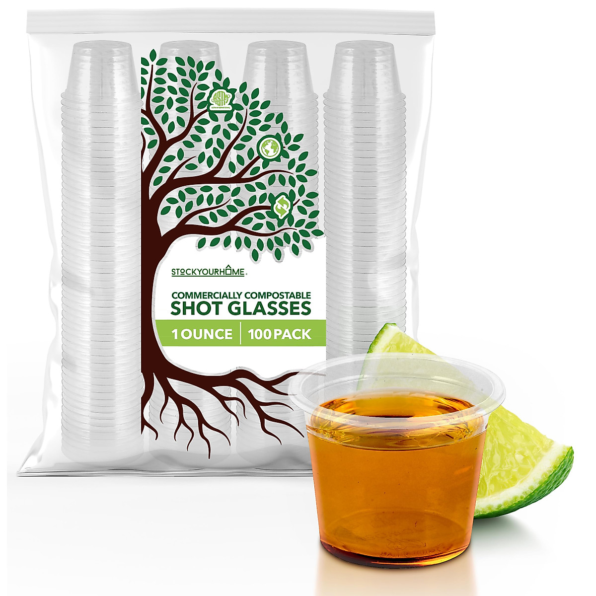 Stock Your Home 100 Pcs Clear Commercially Compostable Shot Glasses 1 oz, Plant Based Eco Disposable Shot Cups for Jello, Sauce, Condiments, Environmentally Friendly