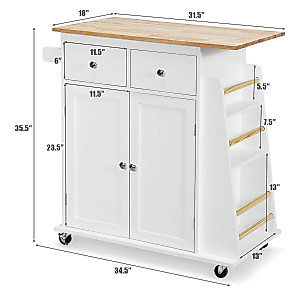 Giantex Kitchen Island Cart, Rolling Wood Trolley with Storage Cabinet, Towel Handle, 2 Drawers, Side Spice Rack and Wine Bottle Rack, Kitchen Cart on Wheels, Rubber Wood Countertop (White)