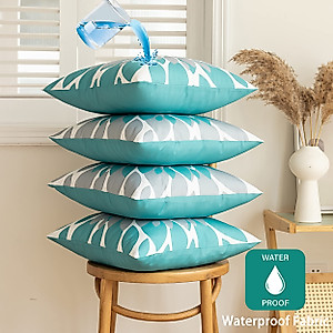 Qahing Pack of 4 Outdoor Waterproof Pillow Covers 24x24 Decorative Outdoor Throw Pillows Garden Square Cushion Cases for Patio Furniture, Couch, Tent Sunbrella, Bench, Teal Turquoise Grey