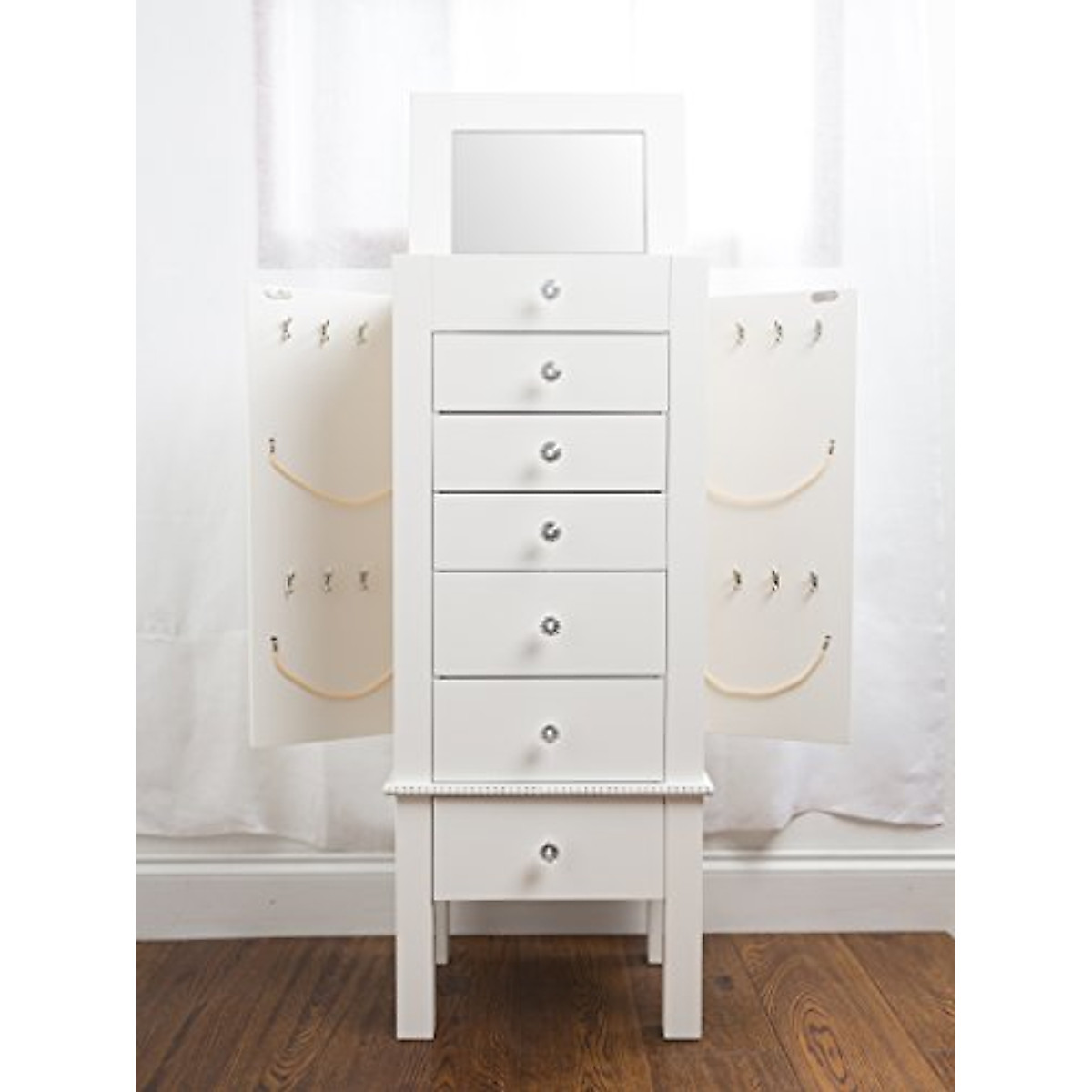 Hives and Honey Kimberly Jewelry Armoire - Modern White Storage Organizer with Divided Drawers and Necklace Hooks - French-Inspired Design with Jewel-Like Pulls - Anti-Tarnish Felt Lining
