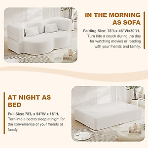 78" W Folding Sofa Bed, Modern Convertible Sofa Couch with Two Pillows, 15" H Full Size Sofa Sleeper Couch, Teddy Cloud Sofa with Foam Filled, No Assembly Required, for Living Room, Apartment - Beige