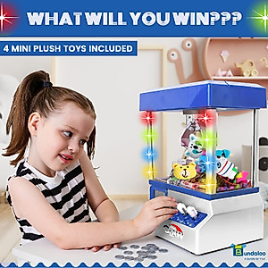 Bundaloo Claw Machine Arcade Game - Electronic Mini Candy and Toy Grabber Dispenser for Kids - with Lights Sound & 4 Mini Plush Animals (Blue)