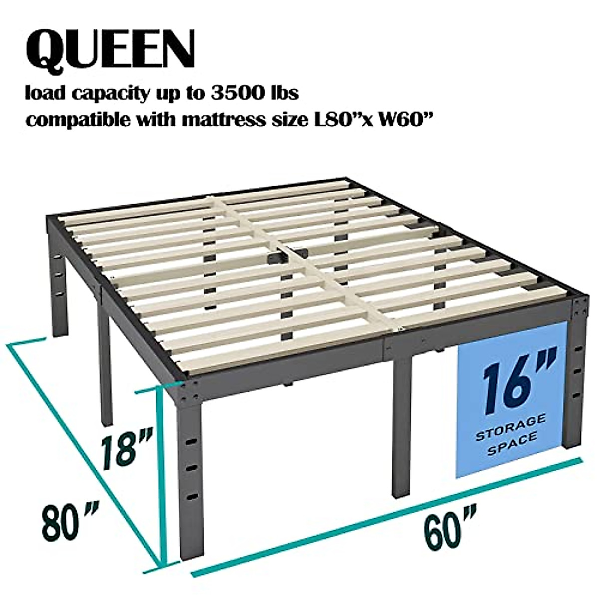 Auroral Zone Queen Bed Frame 18" High, 3" Wide Wood Slats 3500 Pounds Support for Foam Mattress No Sagging, No Slip, No Box Spring Needed/Underneath Storage/Noise Free/Easy Assembly-Black