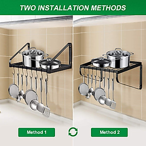 G-TING Hanging Pot Rack, Pot and Pan Organizer Wall Mounted Pots Holder Kitchen Storage Shelf with 8 Hooks, Ideal for Pans Set, Utensils, Cookware, Books, Household, Black, 2 DIY Methods