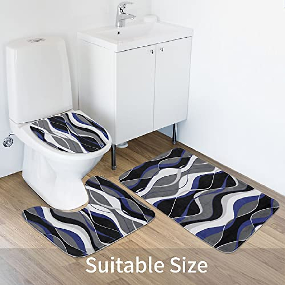 MitoVilla 4 Pcs Modern Bathroom Sets with Shower Curtain and Rugs, Striped Shower Curtain Sets with Rugs for Bathroom Decor, Bathroom Decor Curtain Sets with Mats and Accessories, Navy Blue and Black