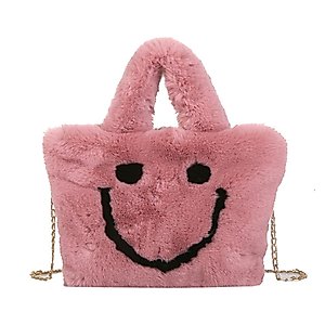Sun stamen Ladies Plush Smiley Face Handbag Buckle Shoulder Bag, Cute Soft Lady Chain Bag, Party Little Girl Christmas Gift (pink)