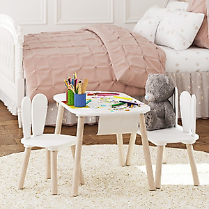 UTEX Kids Table and Chair Set, Toddler Table with Bunny Chair and Bench, 3 Pieces Wooden Children Table for Kids Room, Classroom, Nursery, White