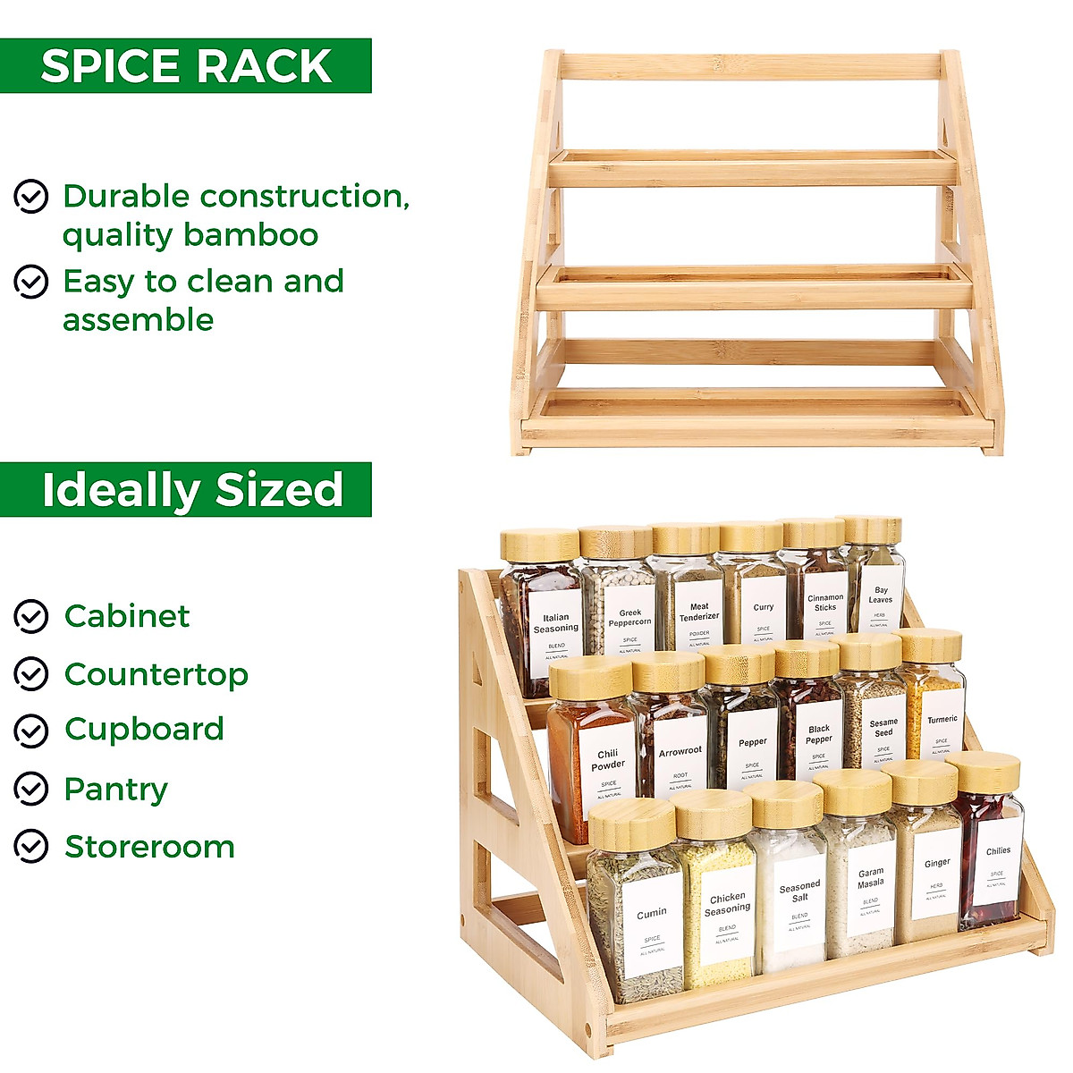 MNADSFKJ Spice Rack Organizer for Cabinet, 3 Tier Spice Rack, Bamboo Spice Organizer for Kitchen Cabinet, Pantry and Countertop Organization- Natural