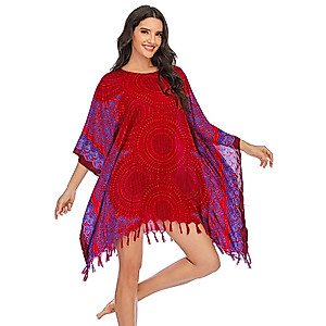 Padaleks Women's Boho Floral Silky Vintage Loose Dress Top Casual Crew Neck Baggy Kaftan Dresses Beach Cover up