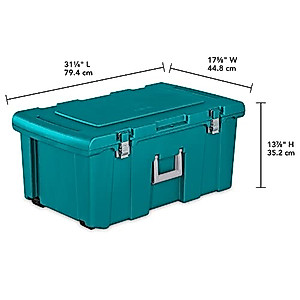 Sterilite 16 Gallon Lockable Storage Tote Footlocker Toolbox Container Box with Wheels, Metal Handles, and Latches, Teal with Gray Clips (2 Pack)