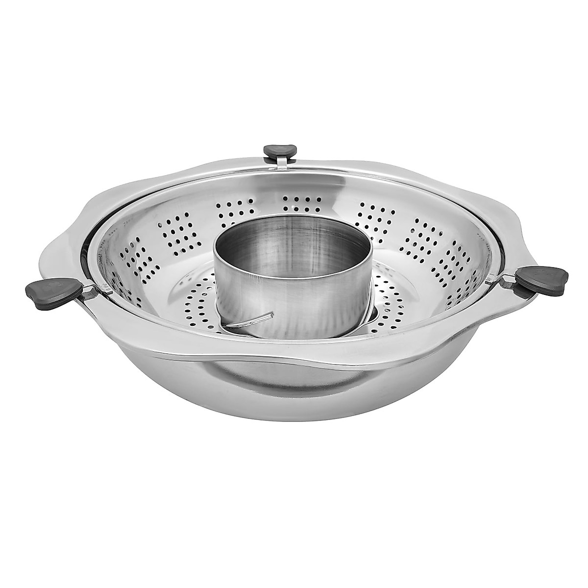 Leblett Stainless Steel Shabu Shabu Hot Pot And Filter Grid Combo,14“ Inner Dia Large Lifting Hot Pot W/Lifting Strainer,Fit Induction Cooktop Gas Stove Ceramic Stove,for 8-12 Persons(w/Small Pot,A)