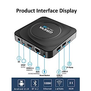 GREVA 8K Android TV Box 8GB RAM 128GB ROM Smart Player with Remote with Gigabit Ethernet WiFi5 BT4.2 for Smart TVs and Display with HDMI, Black