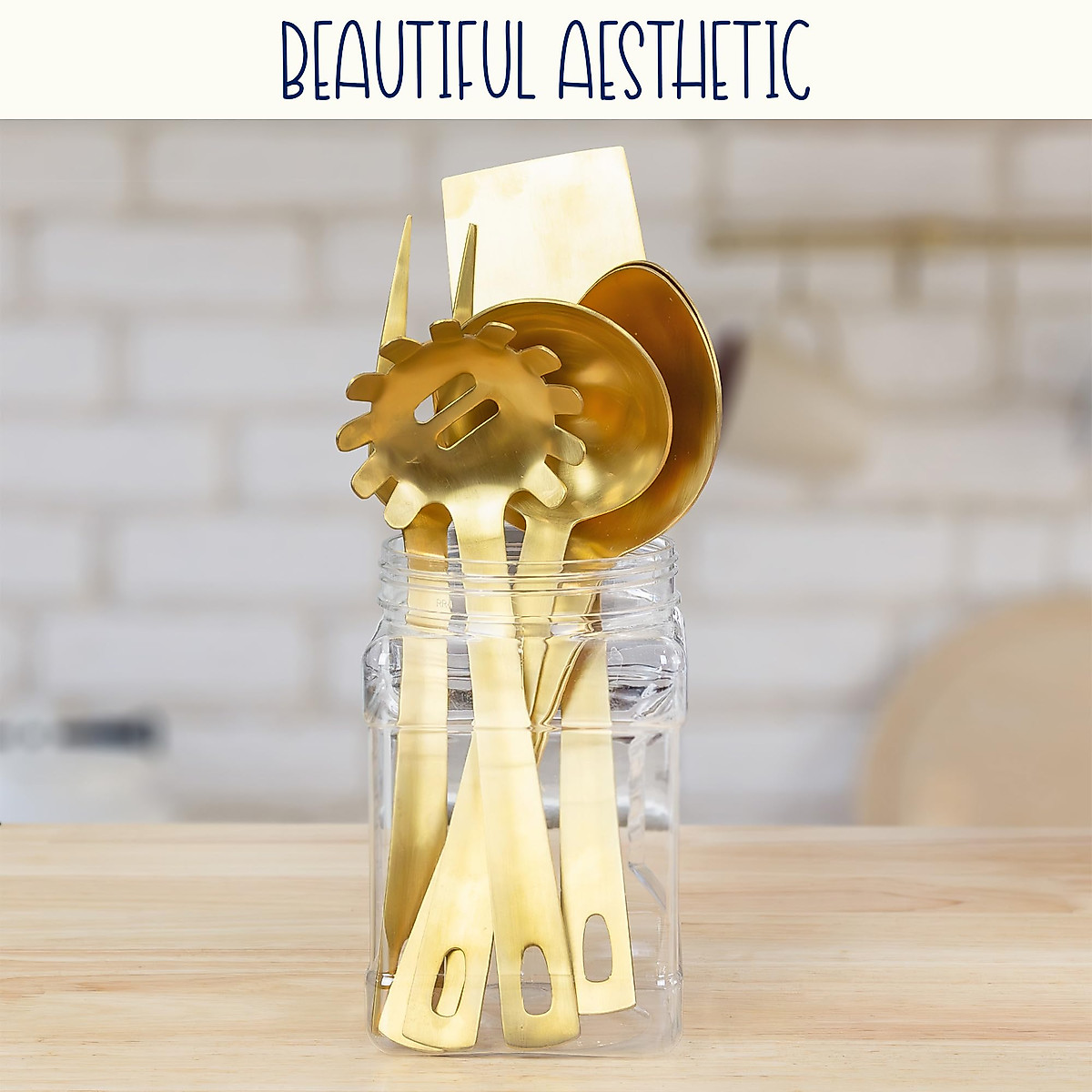 Darware Complete Serving Spoon & Utensil Set (6-Piece Set, Gold); w/Pasta Server, Fork, Spoon, Slotted Spoon, Ladle, & Cake/Casserole Server