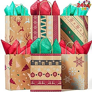 JOYIN 24 Christmas Holiday Kraft Gift Bags for School Classrooms Exchange Party Favors Goody Bags, Xmas Holiday Gift Goodie Bags 7 ¼" x 9" x 3 ½"