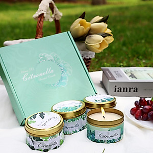 Scented Candle Set 4 Pack Citronella Candles Outdoor, 32 Oz Long Lasting Soy Wax Citronella Candles Set, Large Tin Candles with Fresh Citronella Oil for Camping Garden Patio Yard Balcony Party Indoor