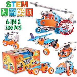 STEM Toys for 6-8 Year Old Boys 6 in 1 Educational Engineering Toy Building Sets, DIY Construction STEM Learning Toy Erector Kit for Kids Birthday Gifts for 8-12 Boys & Girls 150Pcs with Storage Box