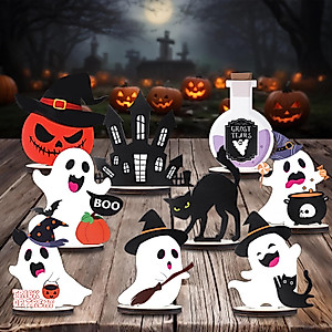 Wooden Halloween Table Sign Decorations - Refavor 9PCS Cute Ghost Halloween Centerpieces for Table Pumpkin Black Cat Desk Decor Halloween Decorations Indoor Party Baby Shower Tray Decor Office Home