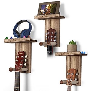Keebofly Guitar Wall Mount,3 Pack Guitar Wall Hangers Guitar Stand Wall with Pick Holder Guitar Rack for Acoustic or Electric Guitars,Ukulele,Bass,Mandolin,Rustic Wood Brown,[Patented]