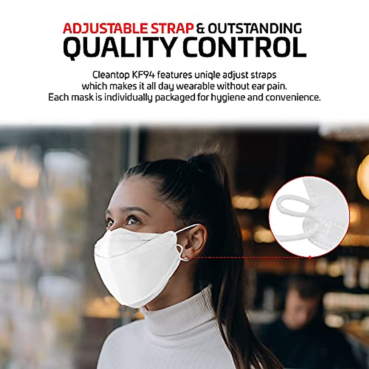 10 Individually Packaged CLEANTOP Adjustable Strap KF94 Certified Safety Face Mask made for Adult & Kids, Made in KOREA (White, Large (Adults))