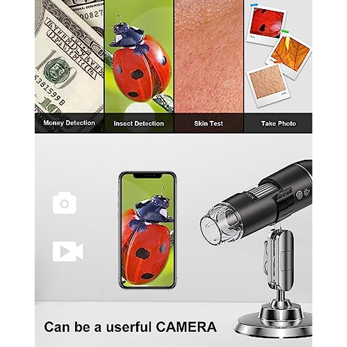 Digital Microscope Camera, Aopick Handheld USB 1440P HD Inspection Camera 50x-1600x Magnification Portable Handheld Pocket Microscopes with 8 LED & Stand, Compatible with iPhone, Android