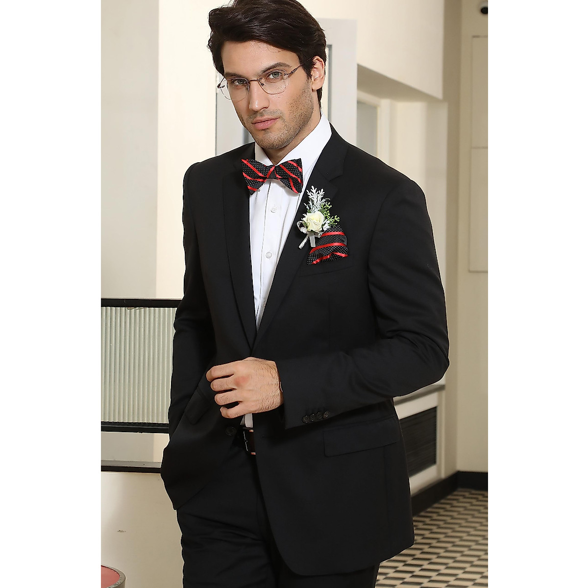 HISDERN Bow Ties for Men Red Bow Tie Self Tie Stripe Bowtie Handkerchief Set Adjustable Formal Tuxedo Black Polka Dot Bowties & Pocket Square Wedding