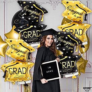 KatchOn, Black and Gold Graduation Hat Balloon - Big, 32 Inch, Pack of 4 | Congrats Grad Balloons | Graduation Balloons Class of 2024, Graduation Cap Balloon | Graduation Decorations Class of 2024