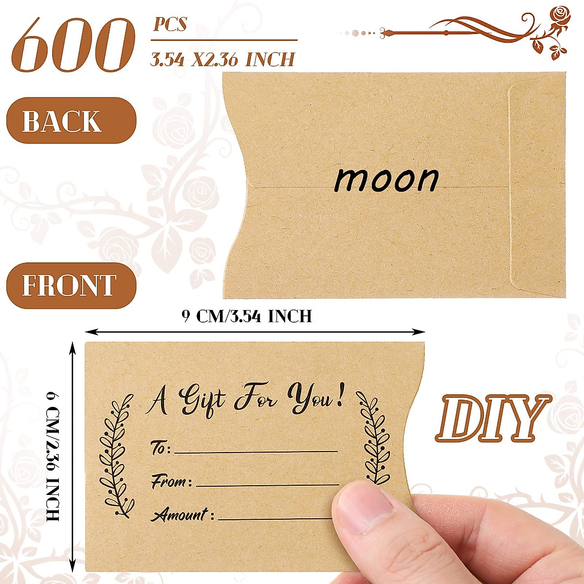 600 Pcs Gift Card Envelopes Bulk Thank You Gift Card Sleeves Appreciation Mini Money Cash Envelopes for Blank Hotel Credit Card Protector for Christmas Party Business Gifts, 3.54 x 2.36 Inches(Brown)