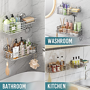 TAILI Shower Caddy Suction Cup 2 Pack with Hooks & Soap Holder, Heavy Duty Shower Organizer for Bathroom, No Drilling Silver Shower Shelves for Inside Shower, Stainless Steel Shower Holder