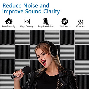 FOUCARSI 24 Pack Acoustic Foam Panels,Studio Soundproofing Foam, 1" X 12" X 12", Studio Foam Wedges,Sound Proof Padding (Black+Grey)