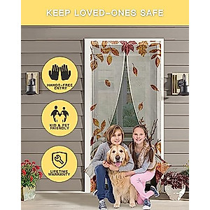 OComster Thanksgiving Magnetic Screen Door, Grey Pumpkin Orange Leaves Bulap Fall Hands Free Screen Mesh Size 38'' x 83'', Reinforce Heavy Duty Mesh Screen Doors for Patio/Front/Sliding Door