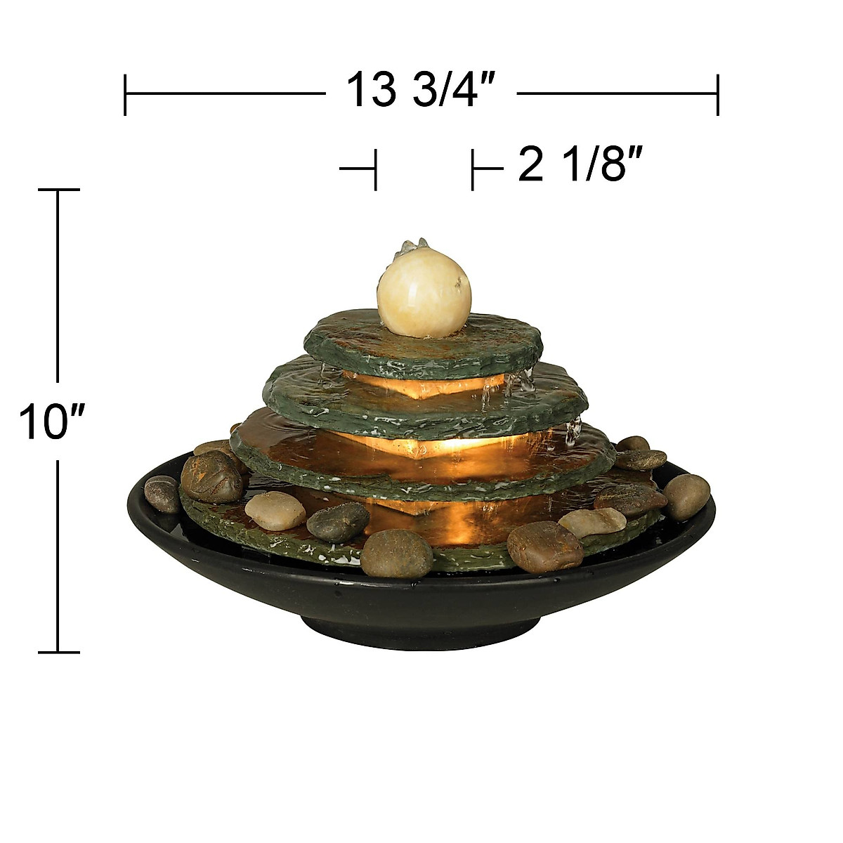 Pyramid Modern Zen Indoor Tabletop Water Fountain with Light 10" High 4 Tiered Feng Shui Ball River Rocks for Table Desk-Top Home Office Bedroom House Living Room Relaxation - John Timberland