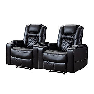 CANMOV Electric Recliner Chairs Set of 2, Power Recliner Chairs with USB Ports and Cup Holders, Breathable Leather Home Theater Seating with Hidden Arm Storage, Black