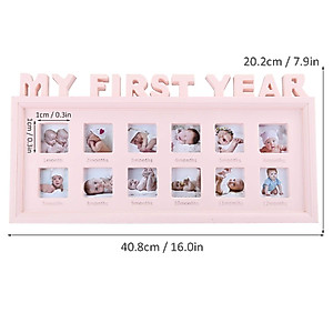 Agatige My First Year Baby Picture Frame, 12 Months Photo Frame Pink Memorable Photographs Albums Monthly Milestone for Newborn Baby Girls, Gift for Mom to Be