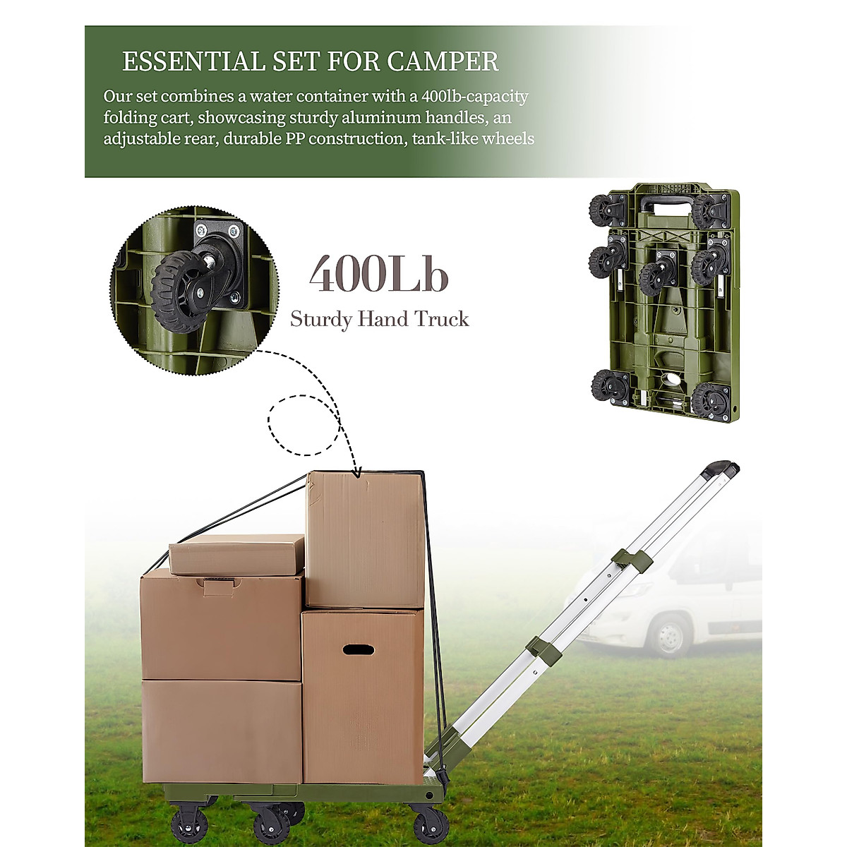 UPWOIGH Folding Hand Truck,400 lb Heavy Duty Cart,Multifunctional Hand Cart,Green Portable Folding Luggage Cart with 7 Tank Wheels and 2 Bungee Cords,Ideal for Moving, Traveling,Shopping and Camping