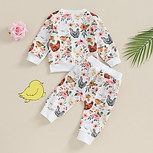 Kaipiclos Baby Girl Fall Winter Clothes Halloween Outfit Floral Pumpkin Print Sweatshirt Long Sleeve Shirt Tops Jogger Pants (Chicken print, 2-3 Years)