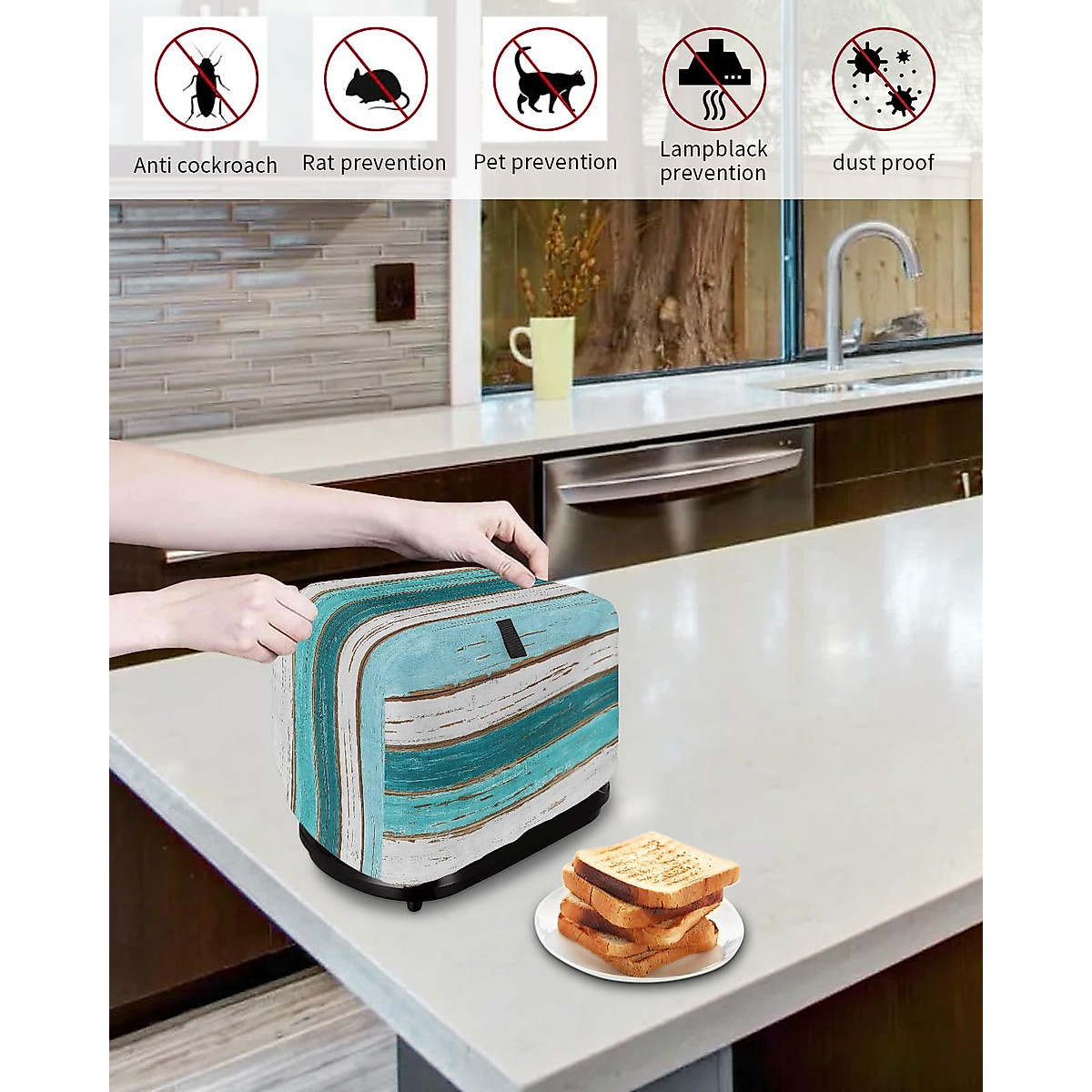 2 Slice Toaster Cover, Bread Machine Cover Vintage Farm Teal Ocean Aqua Green Blue Wood Grain Kitchen Appliance Dust Cover with Top Handle Fingerprint Protection Lightweight Kitchen Toaster Cover