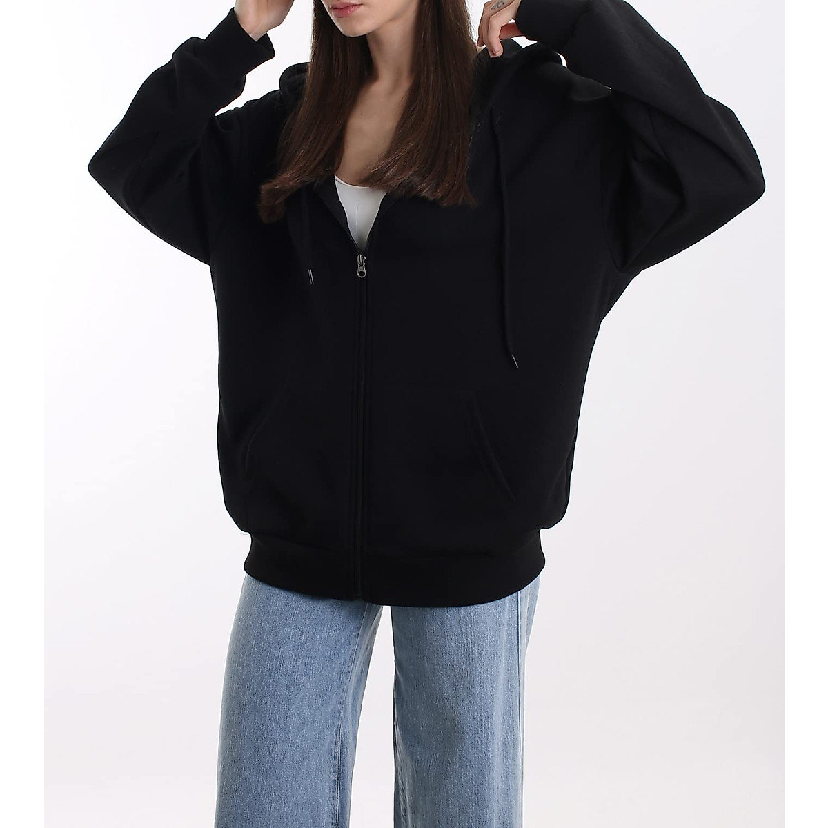 TOMLALEL Women's Active Zip Up Hoodie, Oversized Loose Casual Jacket, Comfortable Long Sleeve with Pockets Zipper Drawstring (Medium, Oversized_Black)