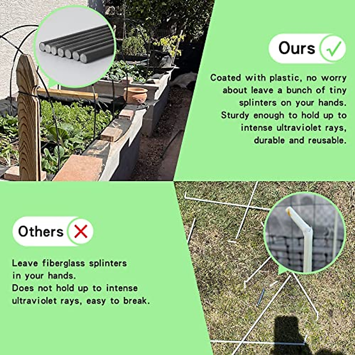 Greenhouse Hoops Grow Tunnel 30 Pcs 16 Inch Up to 6 Sets of 7ft Long Plastic-Coated Rust-Proof Fiberglass Garden Hoops for Raised Beds with 25 Pcs Metal Connect Pipes and 20 Clamps