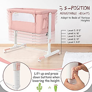 HONEY JOY Baby Bassinet Bedside Sleeper, 3-in-1 Easy Folding Portable Crib for Baby with Wheels, 5 Adjustable Heights, Easy to Assemble Bed to Bed, Mattress & Carry Bag for Infant Newborn (Pink)