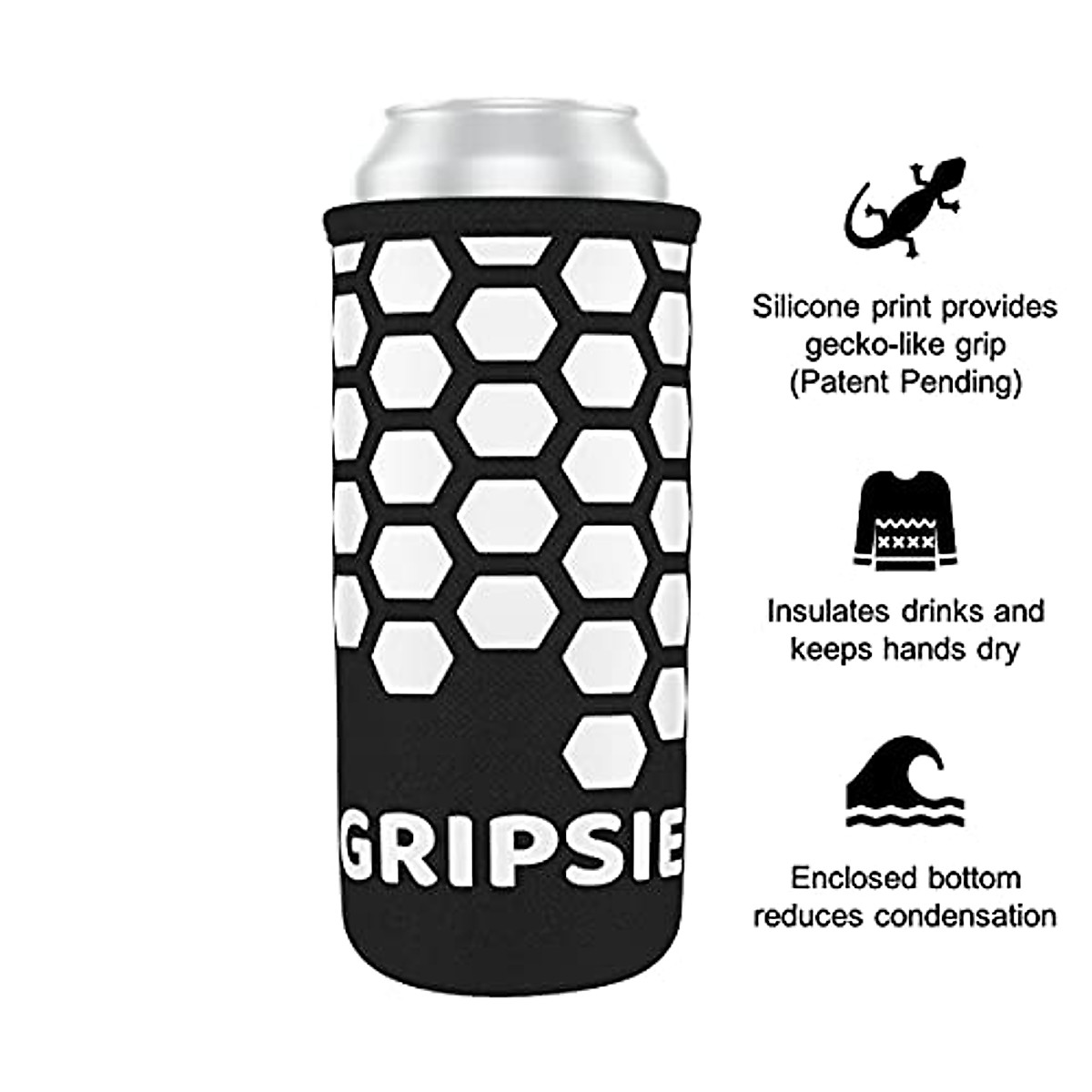 GRIPSIE 16oz Can Sleeves with Non-Slip Grip (4-Pack) Insulated Neoprene, Scuba Knit Polyester Fabric, Silicone Print Coolers for 16 Ounce Energy Drink and Beer Cans (Multicolor)