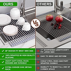 TPMXEMR Roll Up Dish Drying Rack, Over The Sink Dish Drying Rack Heat-Resistant Anti-Slip, 20.5" L x 13.1" W Heavy Duty Silicone Wrapped Steel Rods Dish Drying Rack for Kitchen Counter