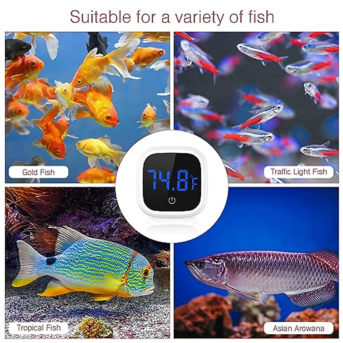 LOFICOPER Digital Aquarium Thermometer, Stick-on Fish Tank Thermometer, Wireless Tank Temperature Sensor with LED Touch Screen, Battery, ℉, for Fresh Water, Tap Water, Marine Water