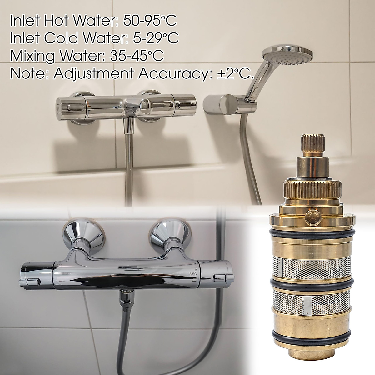 Shower Mixer Cartridge, Thermostatic Mixing Valve Spool Faucet Replacement Parts for Water Temperature Valve Mixer, Copper Brass Thermostat Adjust Bath Tap Repair Kit Assembly