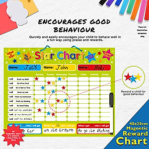 Magnetic Reward / Star / Responsibility / Behavior Chart for up to 3 Children. Rigid board 16" x 13" (40 x 32cm) with hanging loop