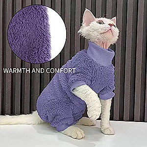 Toysructin Pet Hairless Cat Clothes, Solid Color Cat Four-Leg Jumpsuit Coat Plush Warm Turtleneck Sweater Shirt for Small Medium Large Cats, Soft Thick Kitten Pullover Pajamas for Sphynx, Cornish Rex