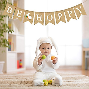 Rainlemon Jute Burlap Be Hoppy Banner with Bunny Spring Easter Party Decoration Supply