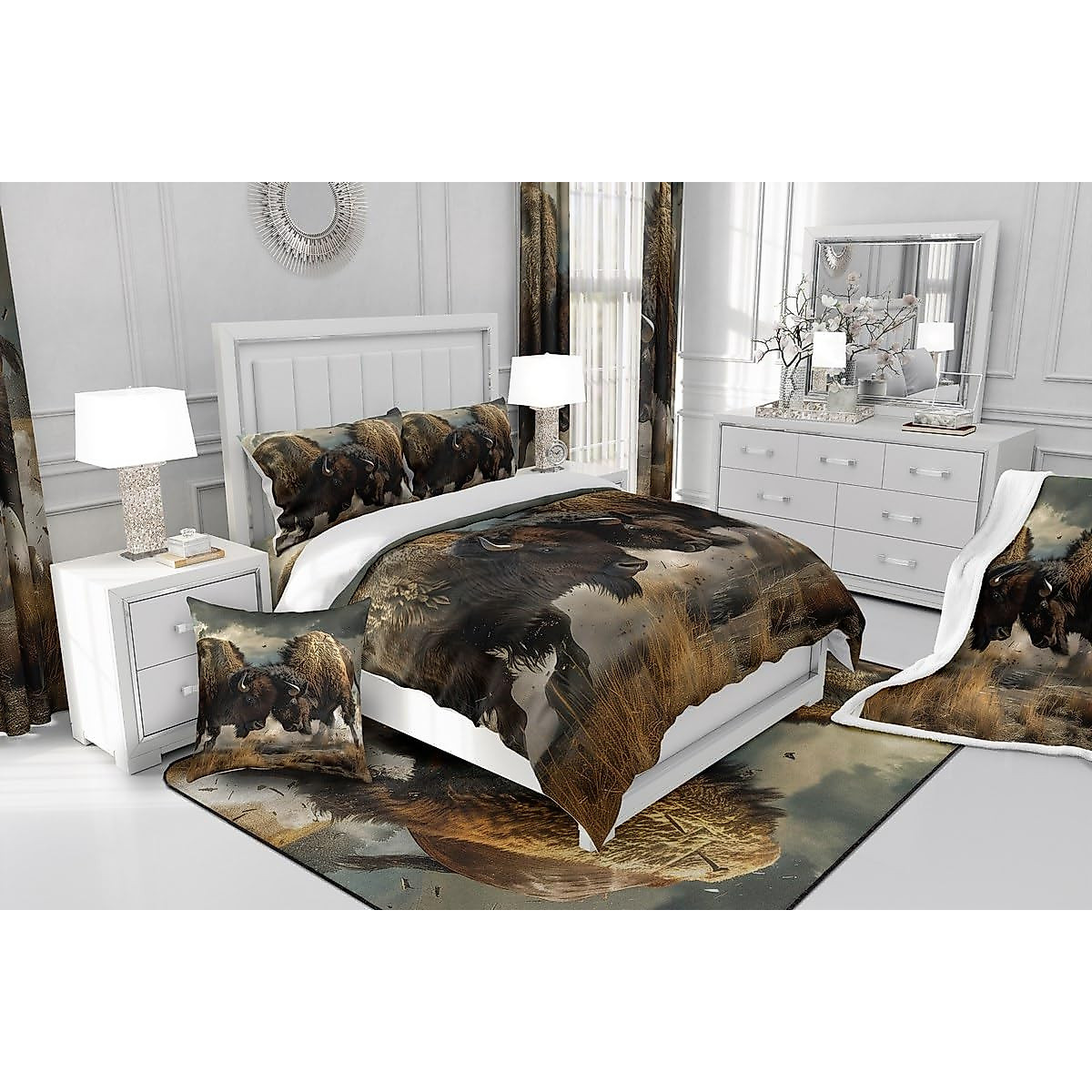 Erosebridal Bison Duvet Cover Set Twin Size Western Wildlife Buffalo Bull Bedding Set 2 Pieces, Boys Teens Comforter Set and 1 Pillow Sham, Dorm Hotel Home Decor Cover Sets, Animals Theme