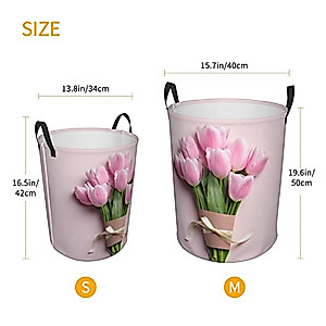 Pretty Pink Tulip Flower Laundry Basket for Women Teens Girls Room, Large Collapsible Floral Print Laundry Hamper Dirty Clothes Bag with Handles Washing Storage Bin for Clothes Toys Bedroom Bathroom