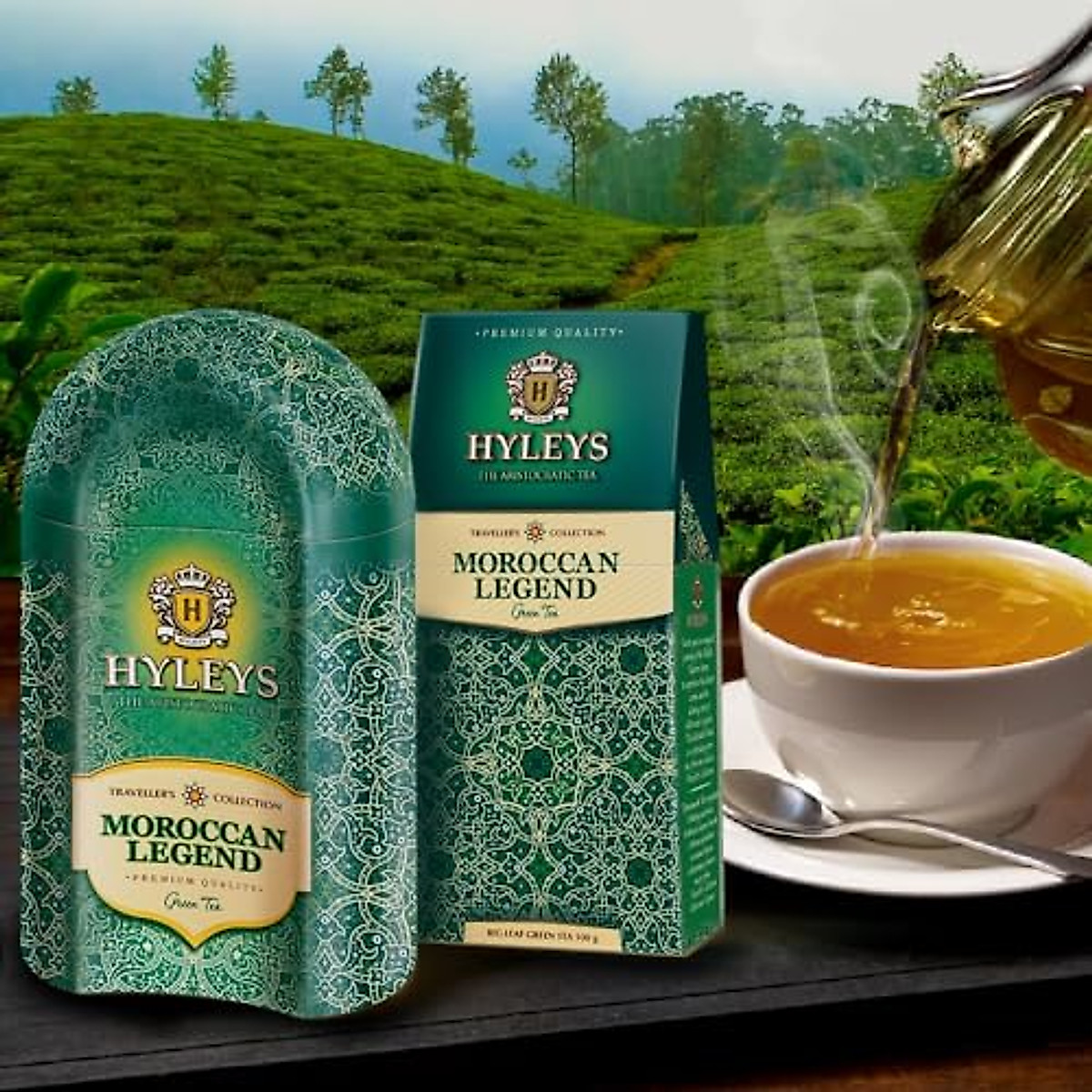 Hyleys Loose Leaf Green Tea with Mint Rose and Blue Corn Flowers in Tin 3.52 Ounce (100g) - Traveller's Collection - Moroccan Legend